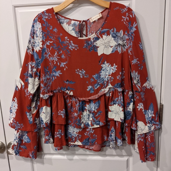 Altar'd State | Tops | Altard State Boho Red Floral Ruffle Blouse ...